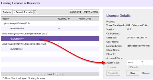 Define access code for specific license - Visual Paradigm Know-how